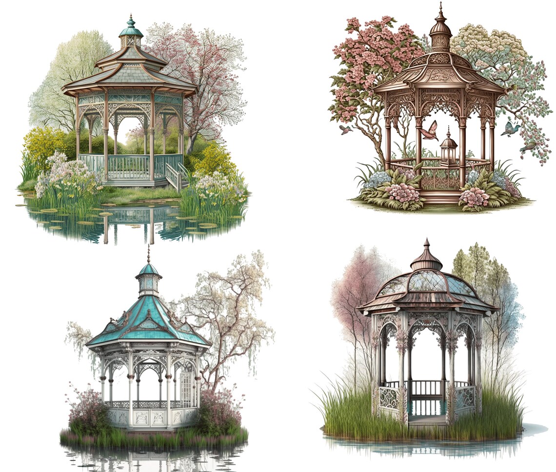 Digital Clipart Illustration Set, Gazebo in Spring, PNG Printable ...