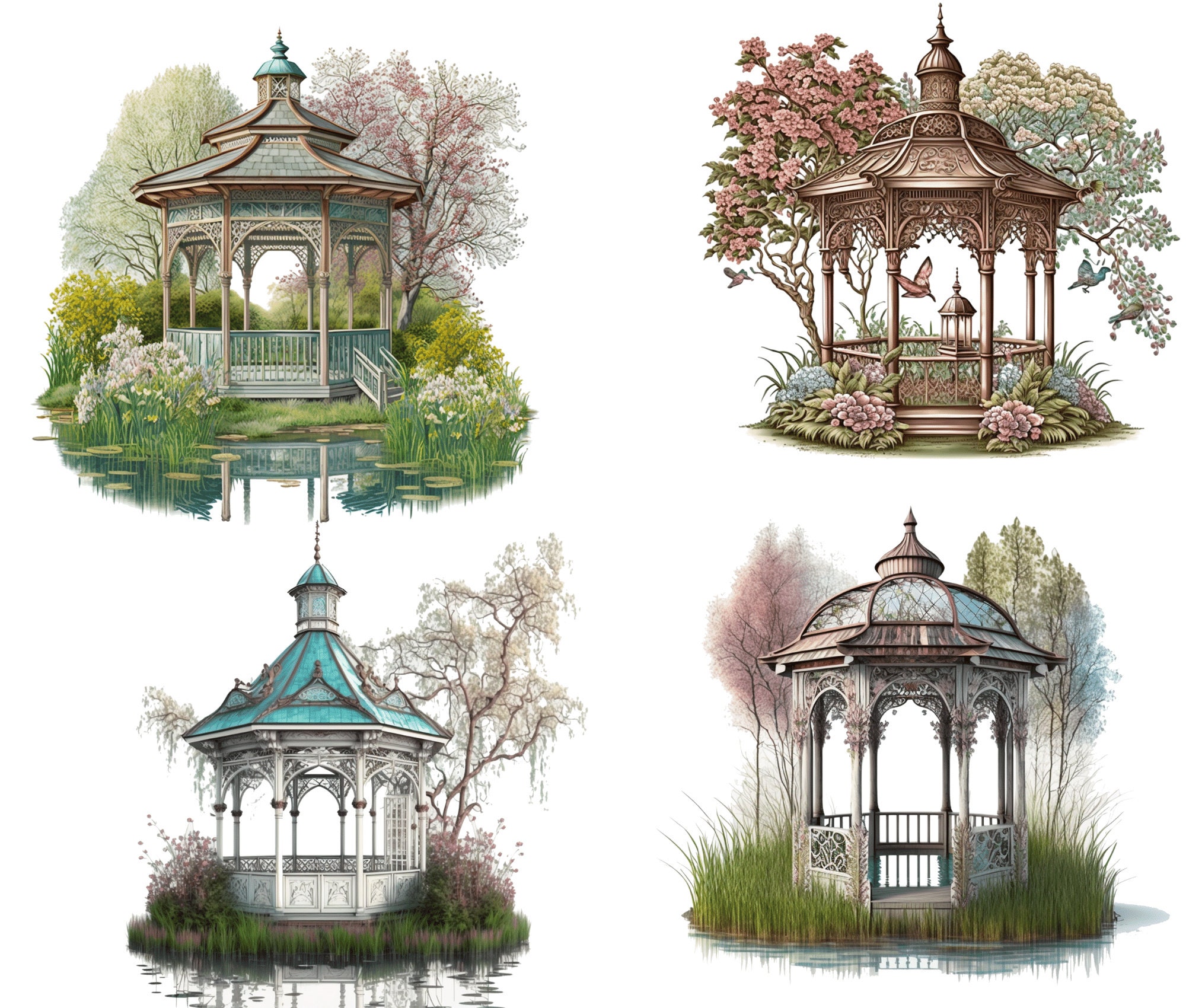 Digital Clipart Illustration Set, Gazebo in Spring, PNG Printable ...