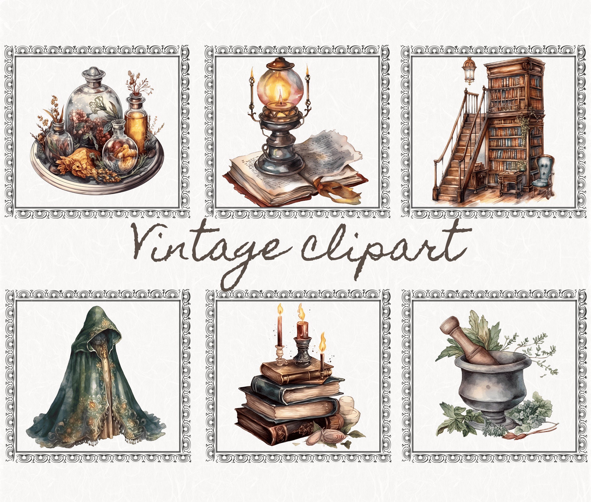 Digital Clipart Illustration Set, Magic Academy Wizard Fantasy Mystical ...