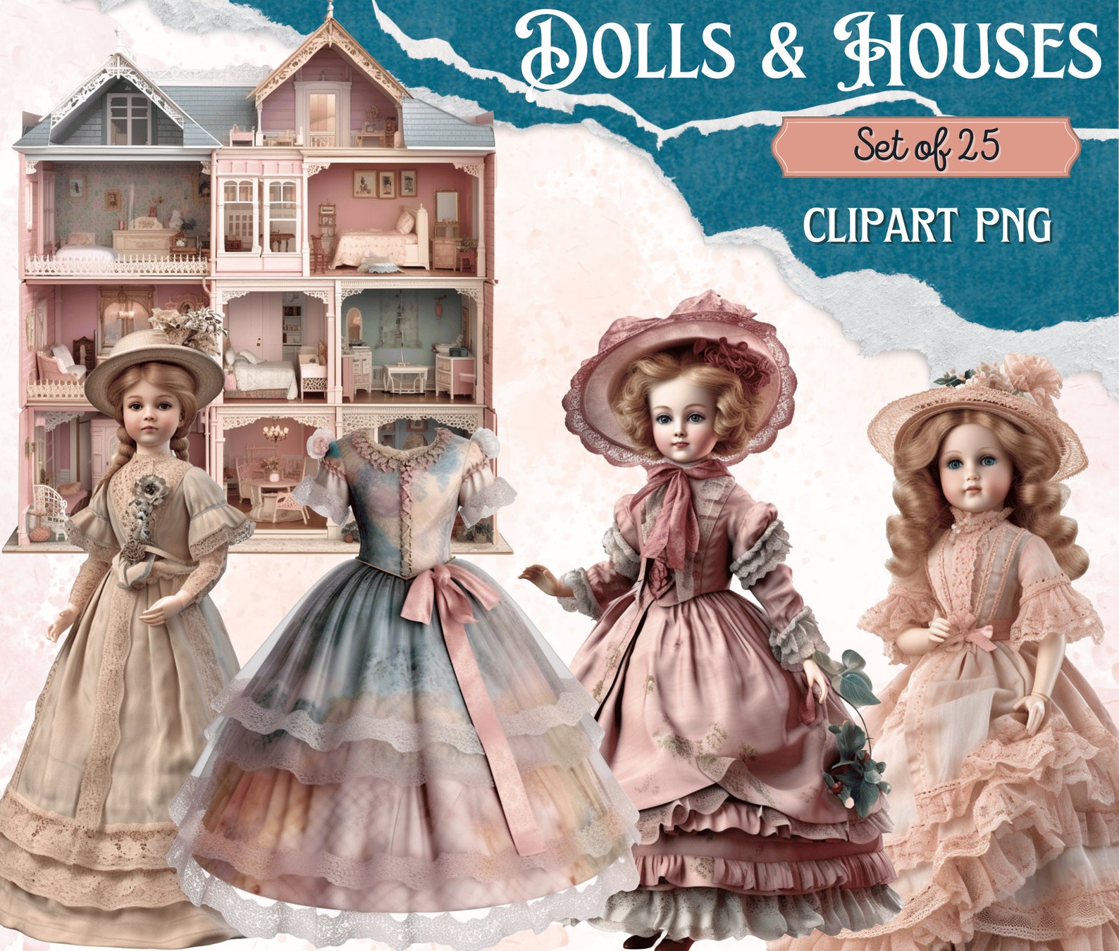 Digital Clipart Illustration Set, Paper Dolls & Houses, PNG Printable ...