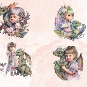 Digital Clipart Illustration Set, Cute Girl and Her Pet Dragon , PNG ...