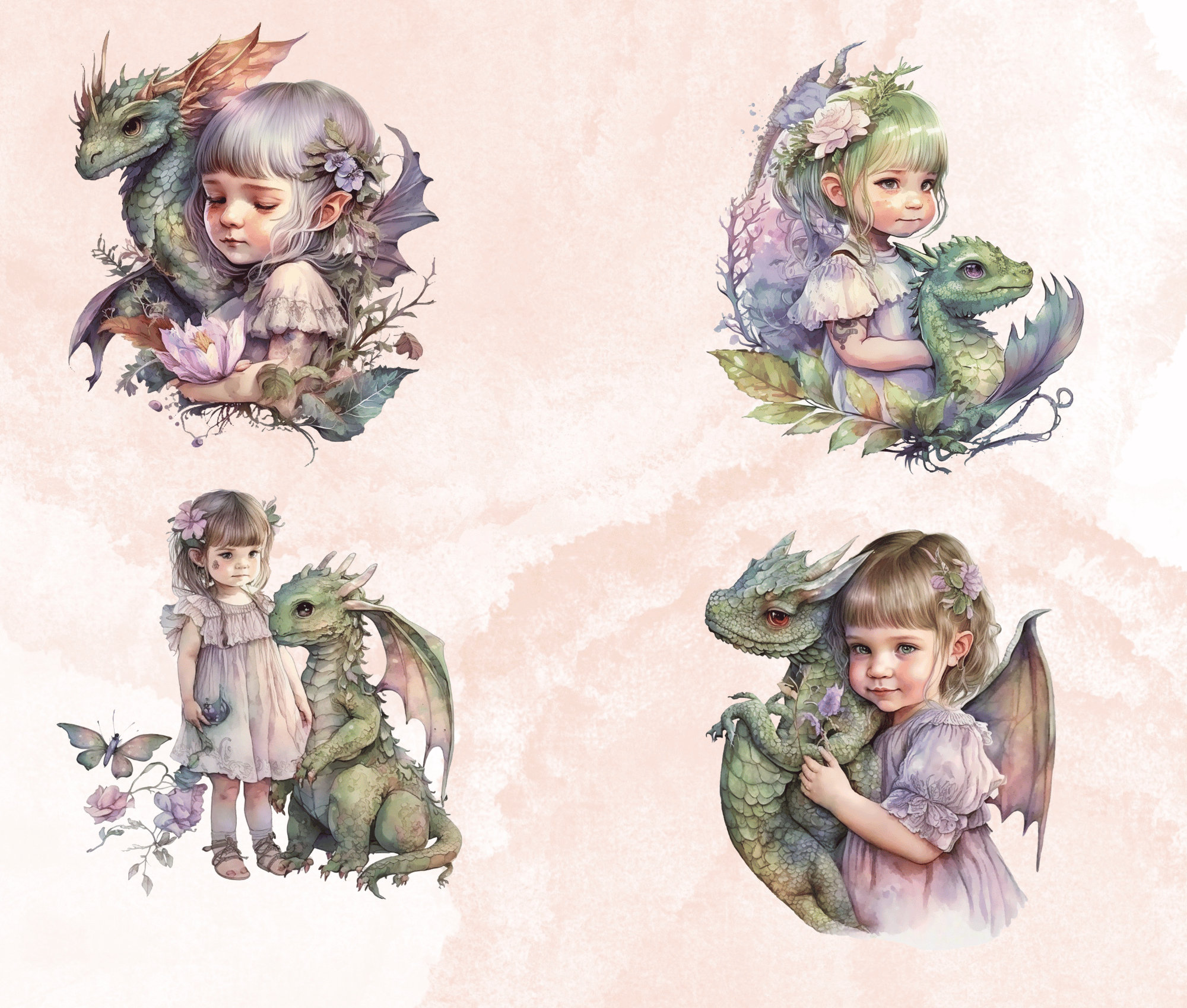 Digital Clipart Illustration Set, Cute Girl and Her Pet Dragon , PNG ...