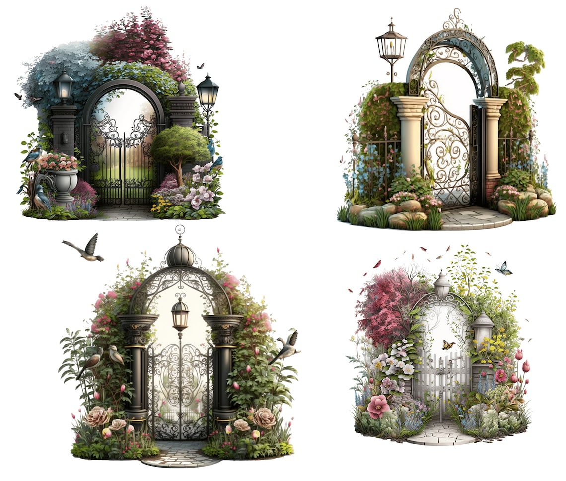 Digital Clipart Illustration Set, Secret Garden Gate, PNG Printable ...
