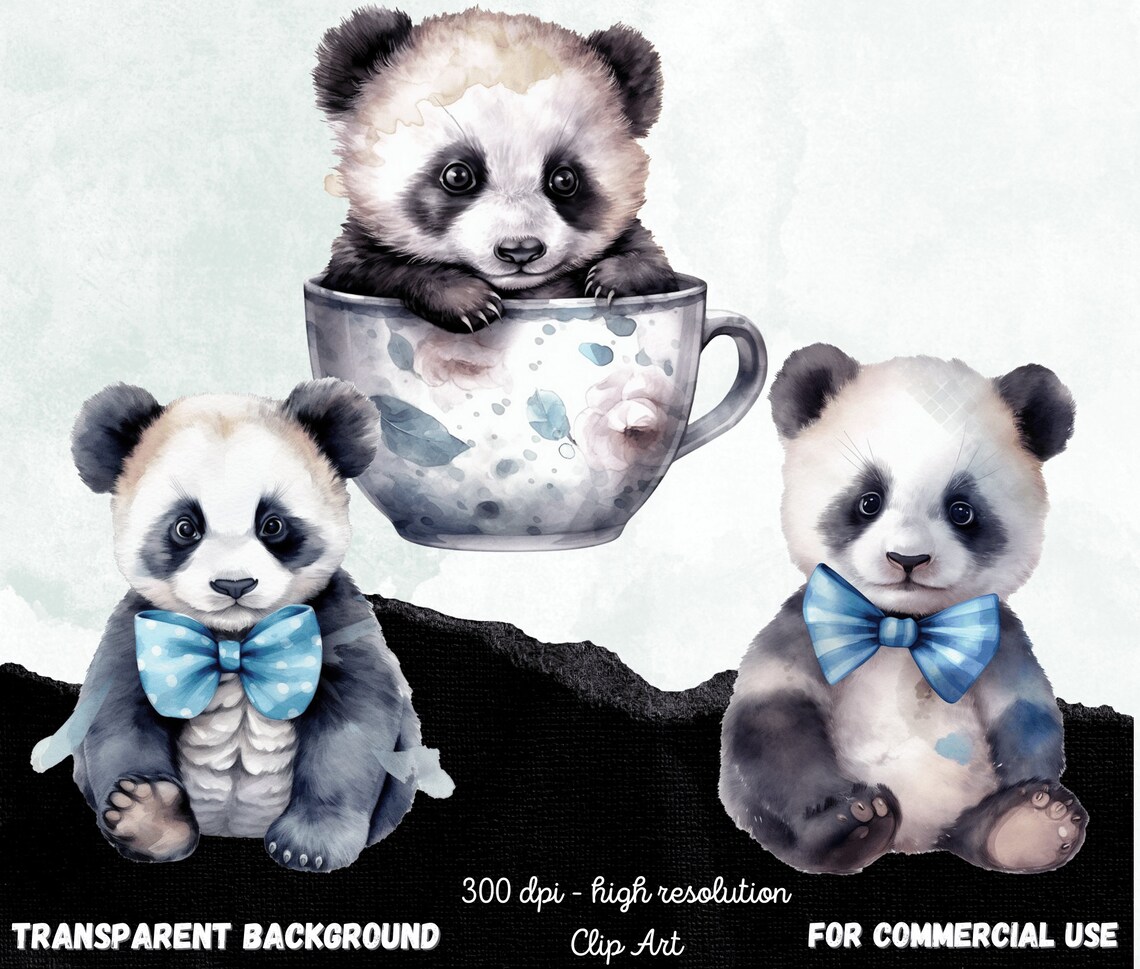 Digital Clipart Illustration Set, Cute Baby Panda, PNG Printable ...
