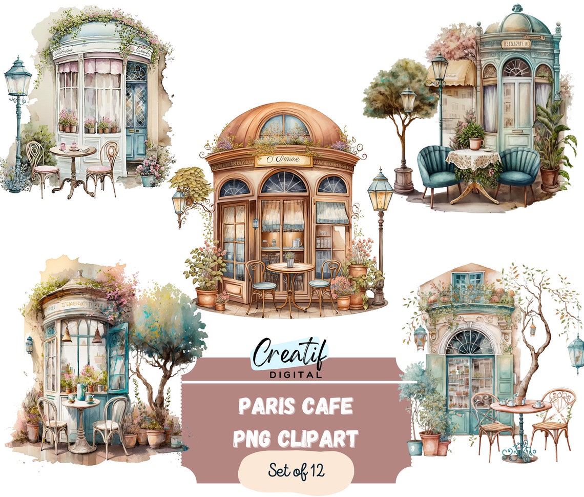 Digital Clipart Illustration Set, French Cafe, PNG Printable Watercolor ...