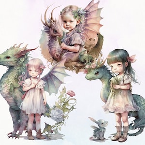 Digital Clipart Illustration Set, Cute Girl and Her Pet Dragon , PNG ...