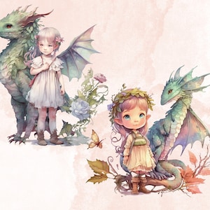 Digital Clipart Illustration Set, Cute Girl and Her Pet Dragon , PNG ...