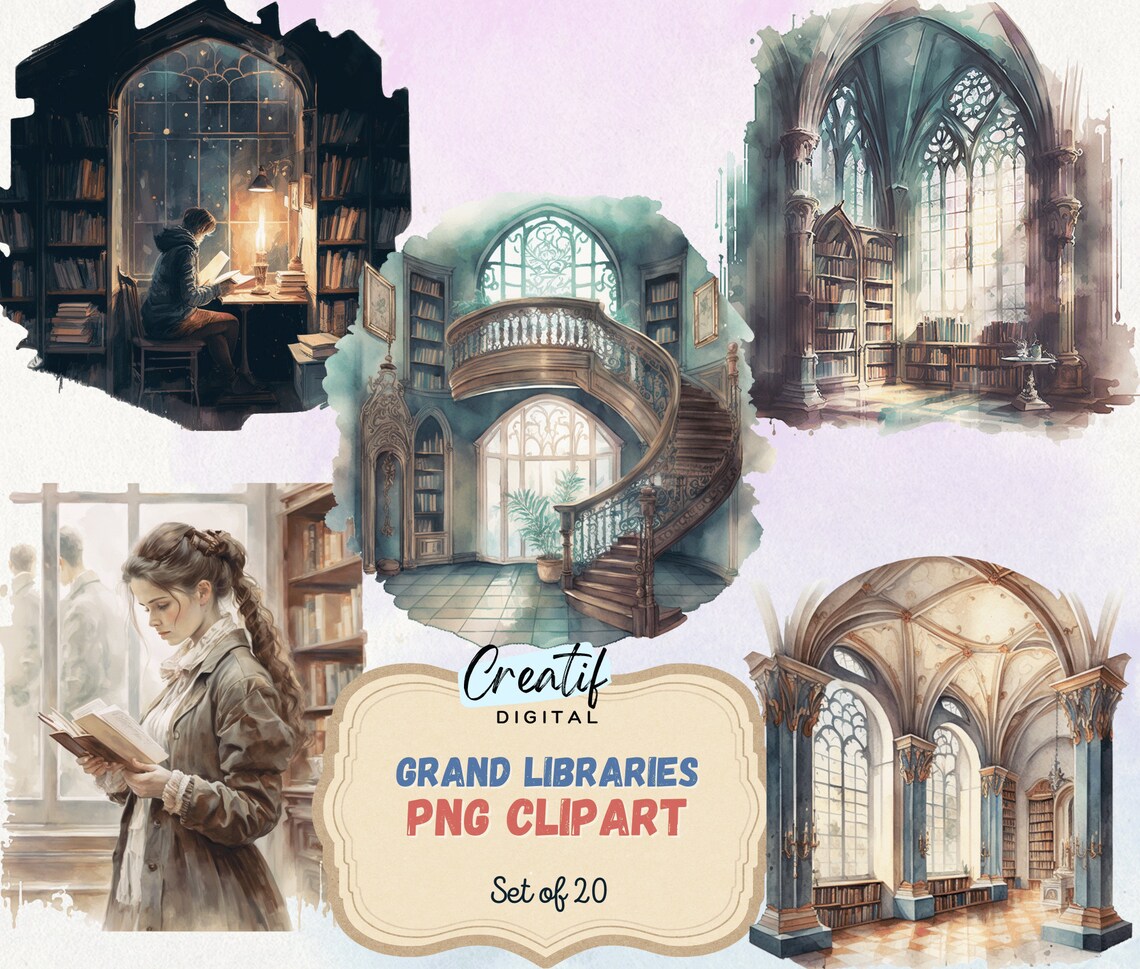 Digital Clipart Illustration Set, Beautiful Grand Libraries, PNG ...