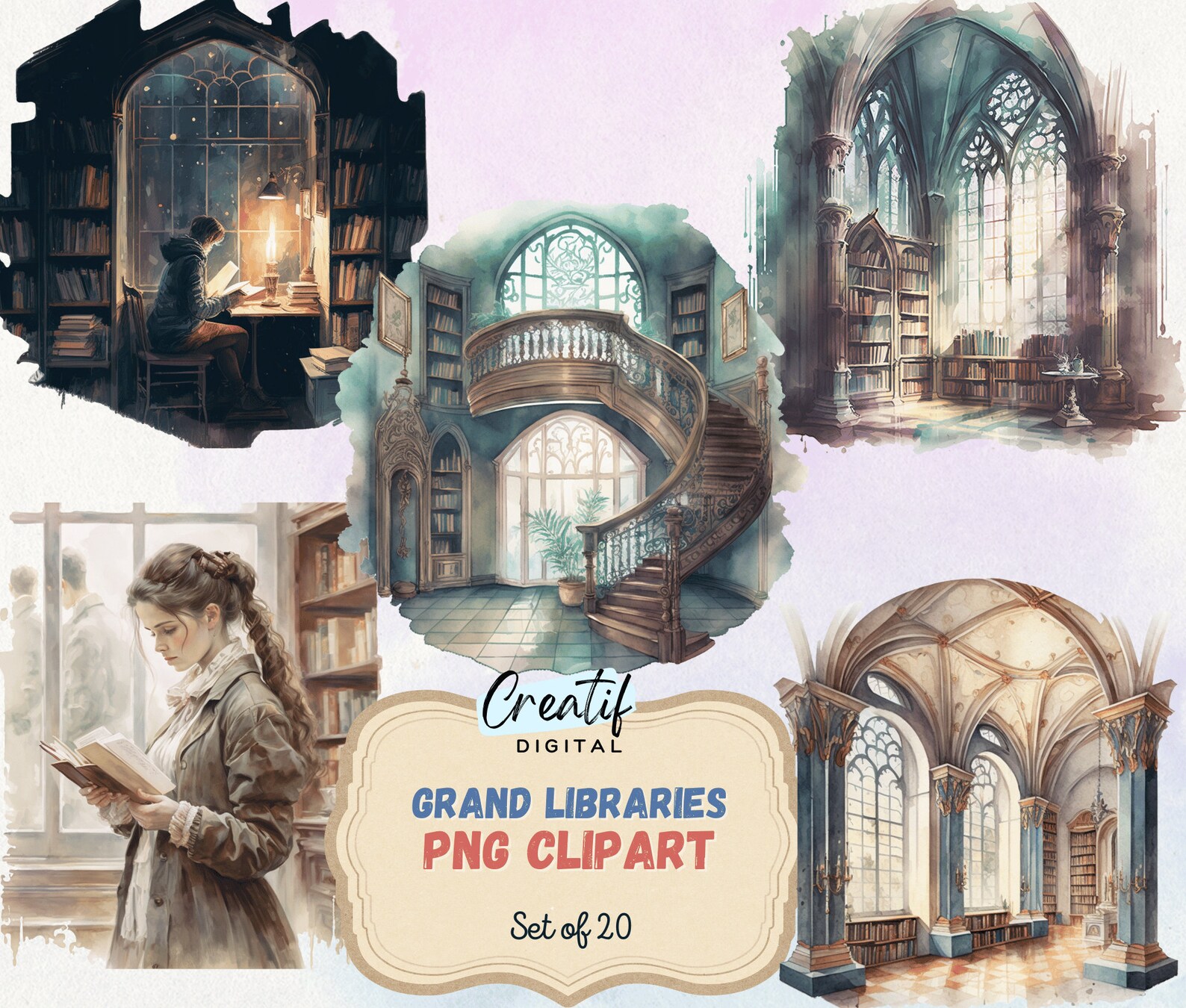 Digital Clipart Illustration Set, Beautiful Grand Libraries, PNG ...