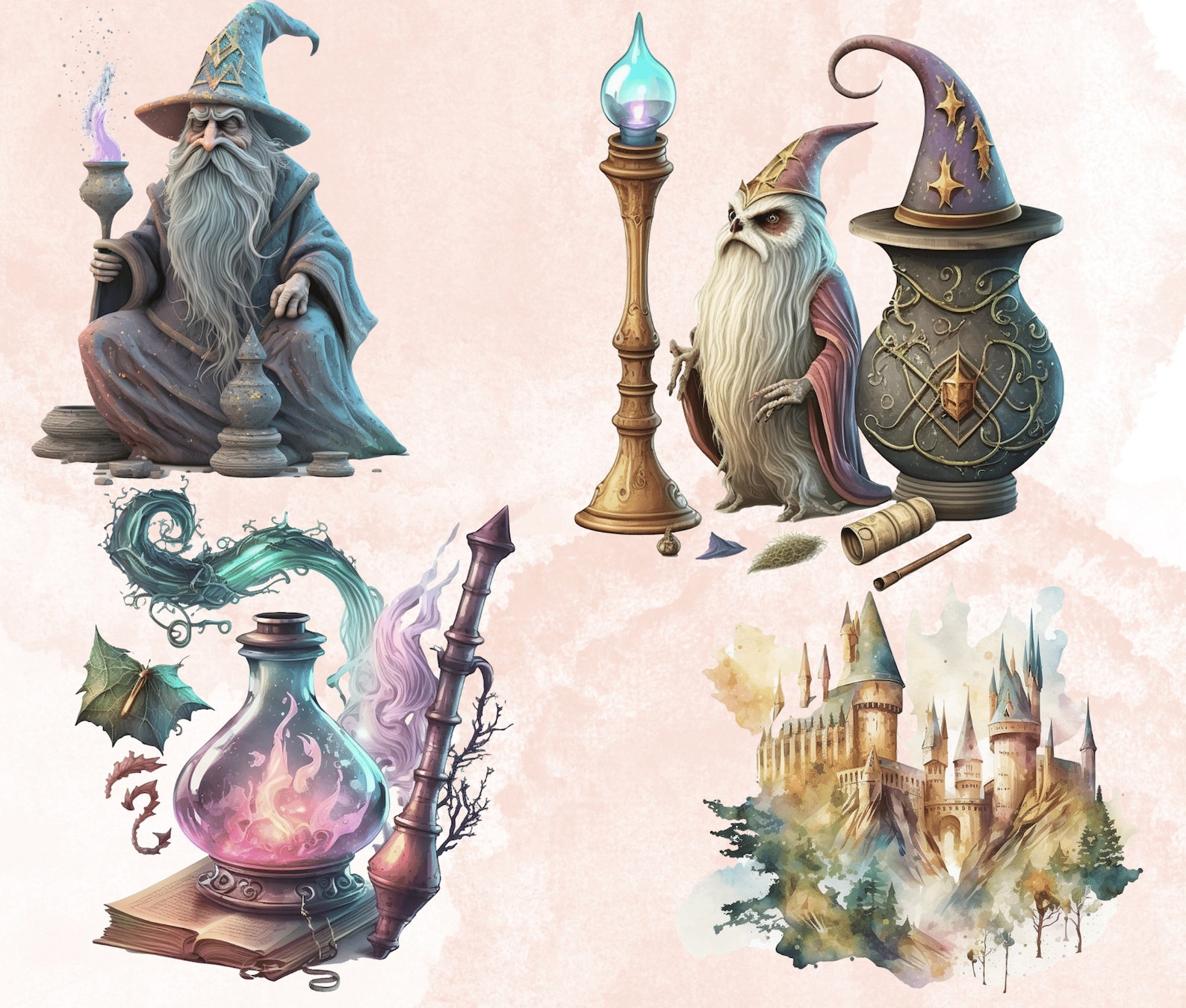 Digital Clipart Illustration Set, Vintage Watercolor Wizard Alchemy ...