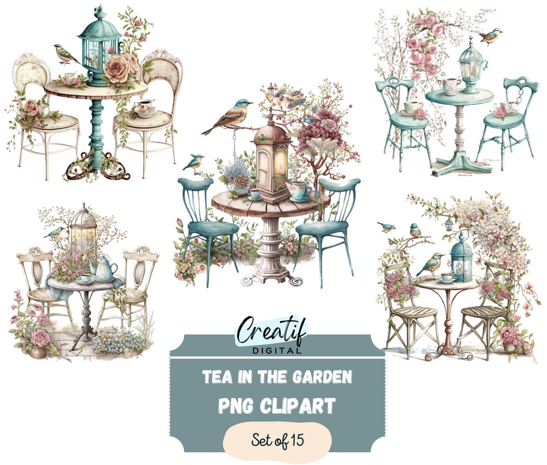 Digital Clipart Illustration Set, Tea in the Garden, PNG Printable ...