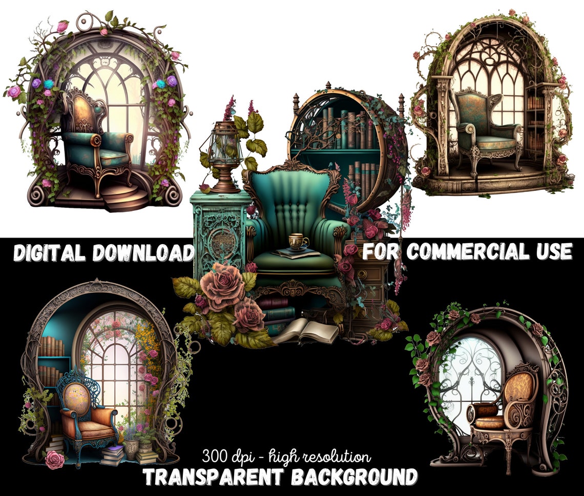 Digital Clipart Illustration Set, Fantasy Steampunk Reading Corner, PNG ...