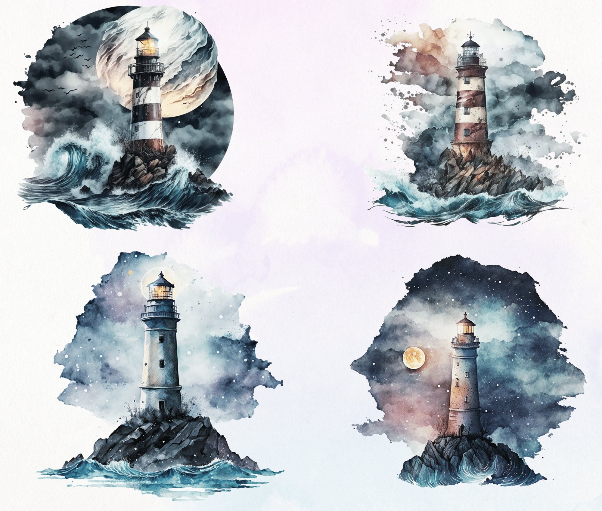 Digital Clipart Illustration Set, Romantic Lighthouse at Night, Seaside ...