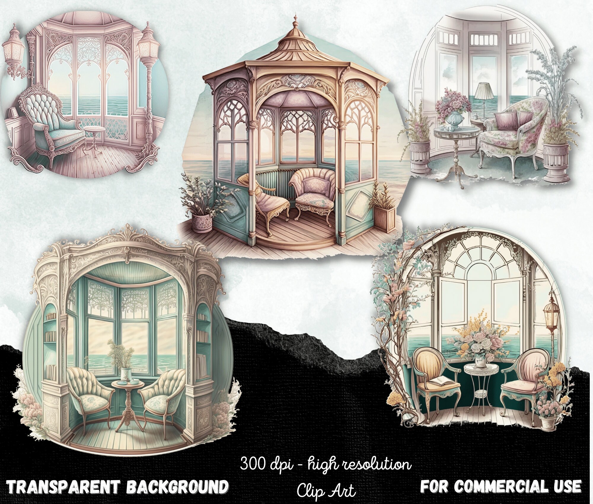 Digital Clipart Illustration Set, Reading by the Sea Romantic Summer ...