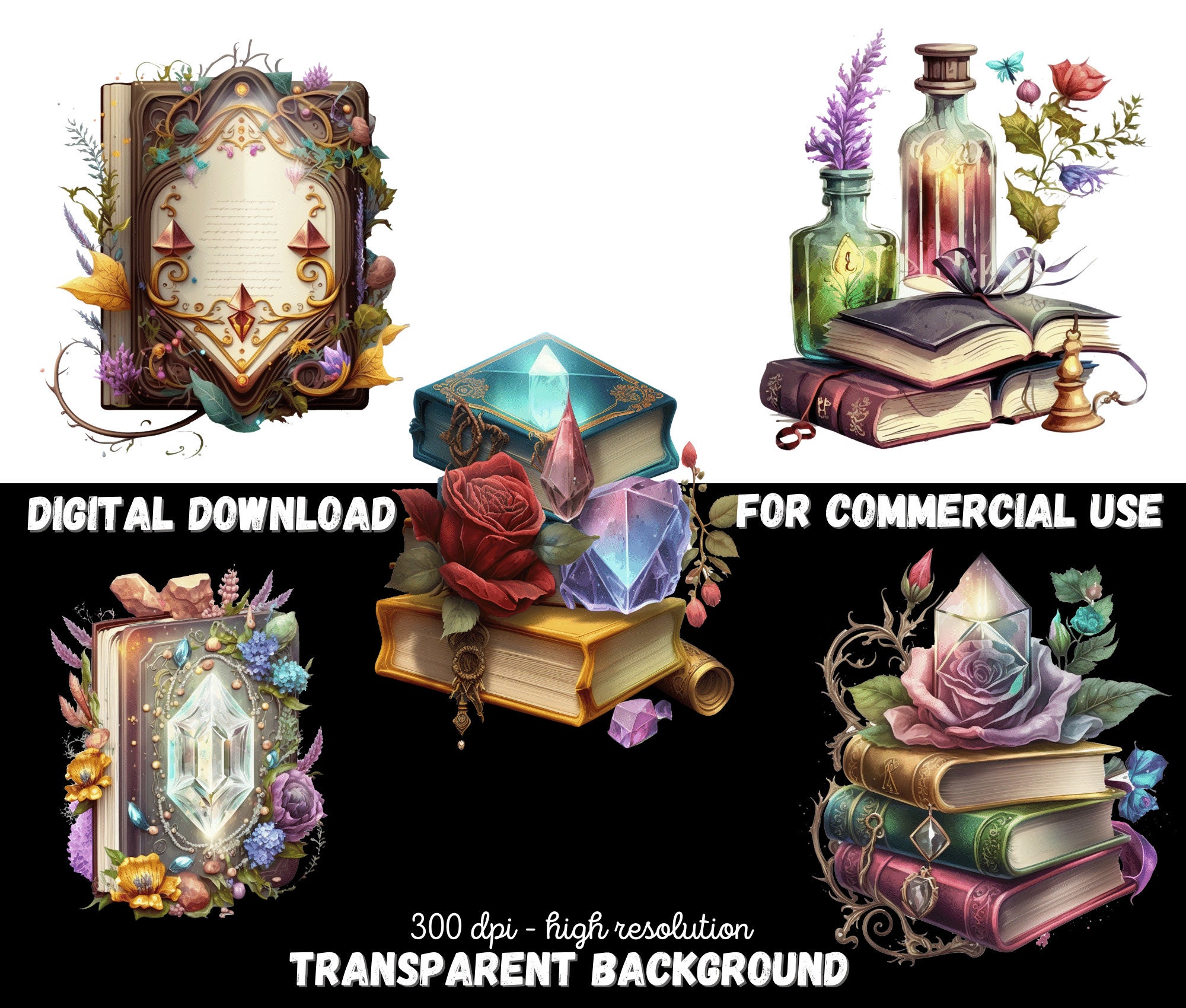 Digital Clipart Illustration Set, Mystical Books, PNG Printable ...