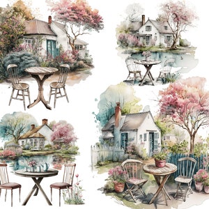 Digital Clipart Illustration Set, Garden Cottage, PNG Printable ...