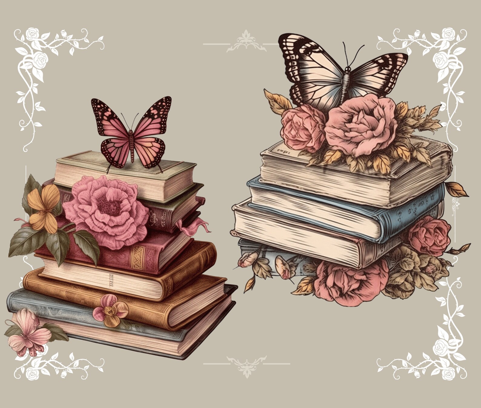 Digital Clipart Floral Old Vintage Victorian Books Clipart Illustration ...