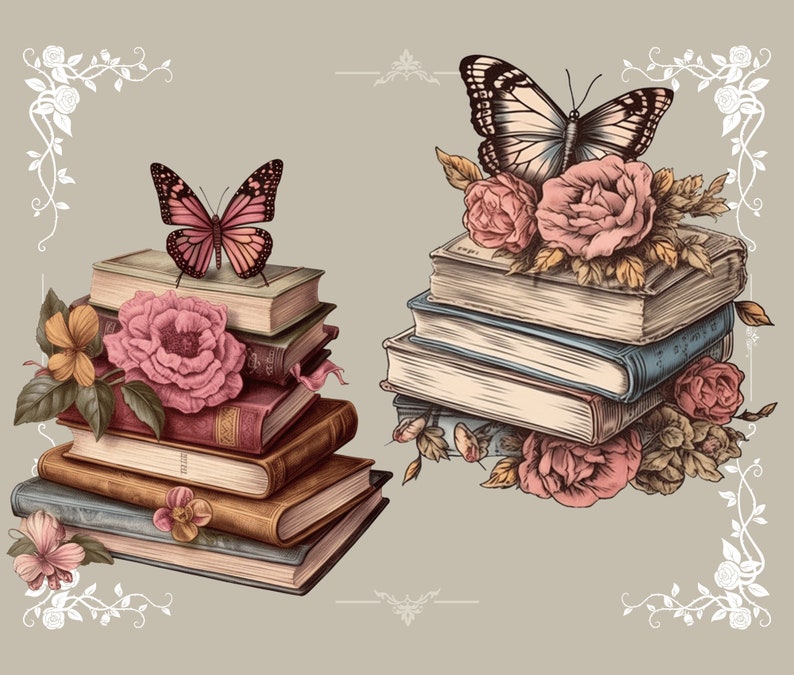 Digital Clipart Floral Old Vintage Victorian Books Clipart Illustration ...