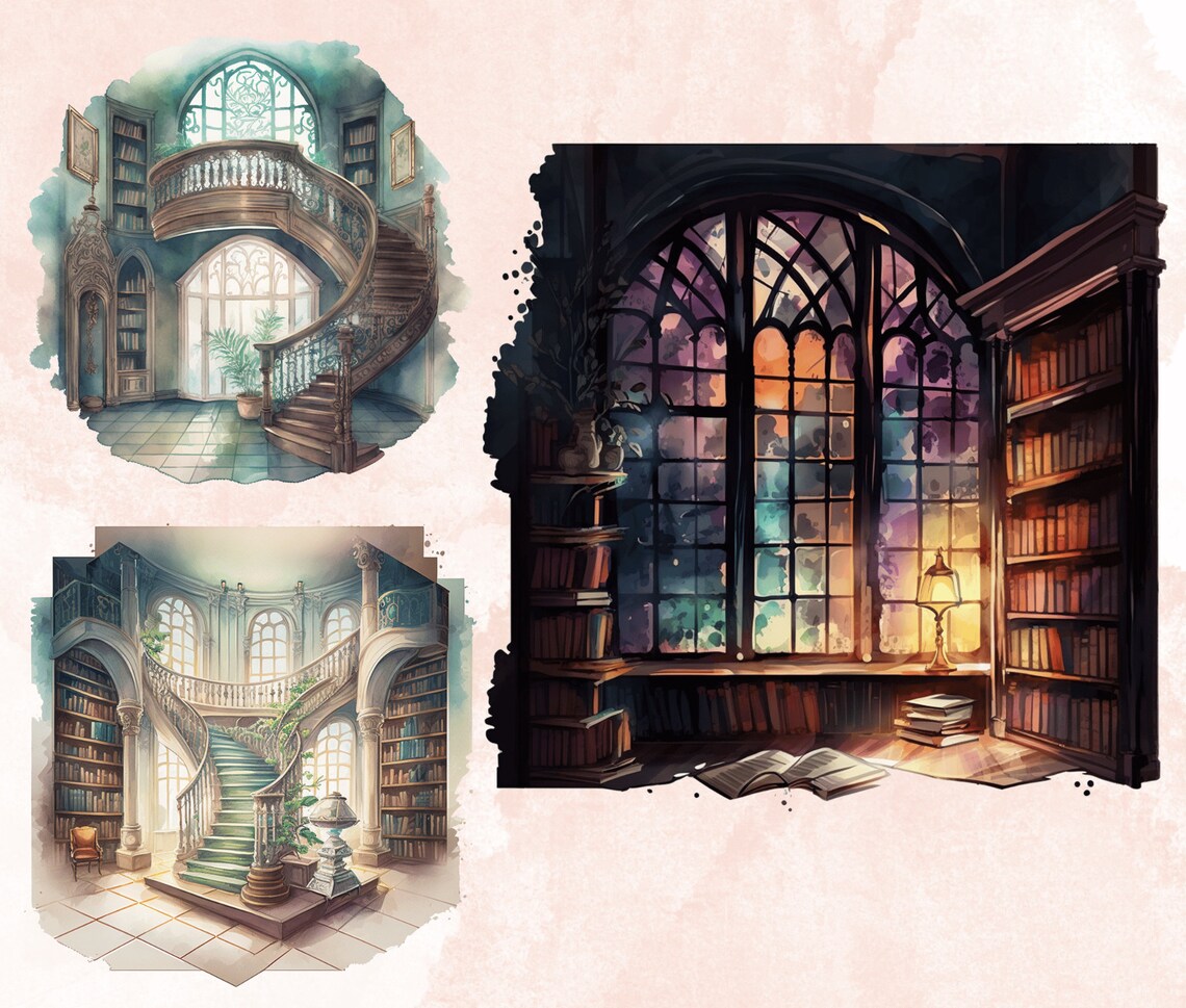 Digital Clipart Illustration Set, Beautiful Grand Libraries, PNG ...