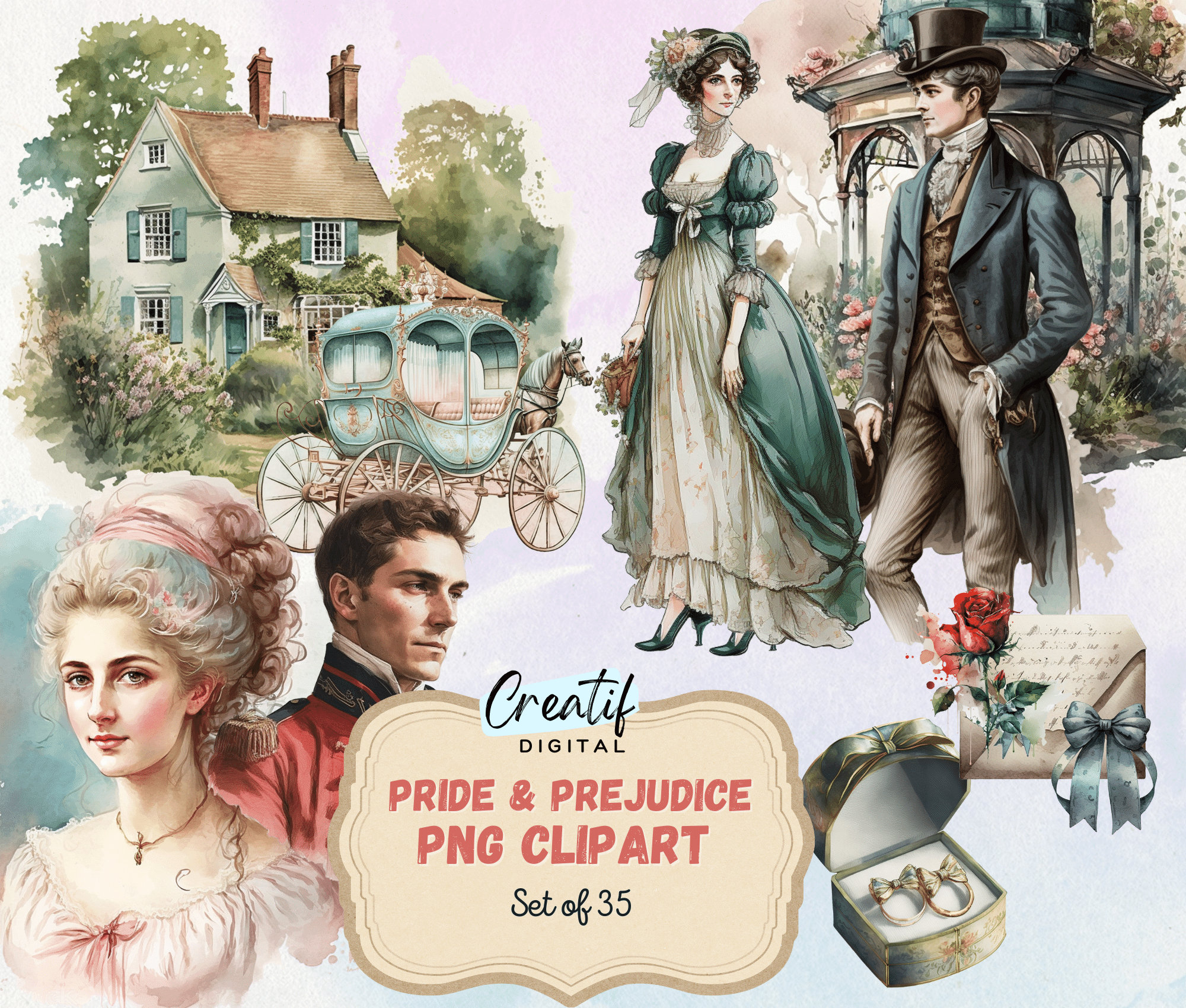 Digital Clipart Illustration Set Pride & Prejudice PNG - Etsy