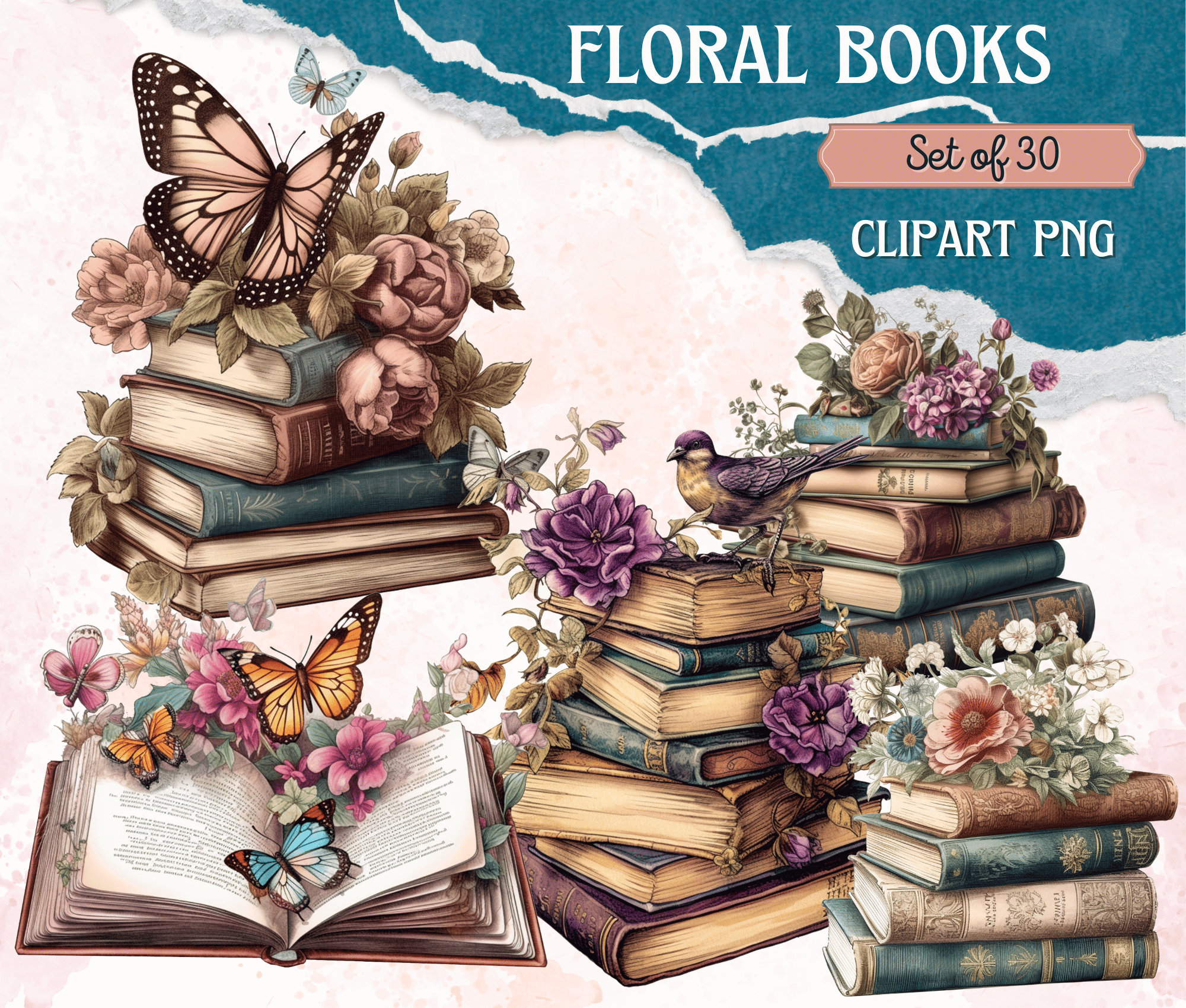 Digital Clipart Floral Old Vintage Victorian Books Clipart Illustration ...