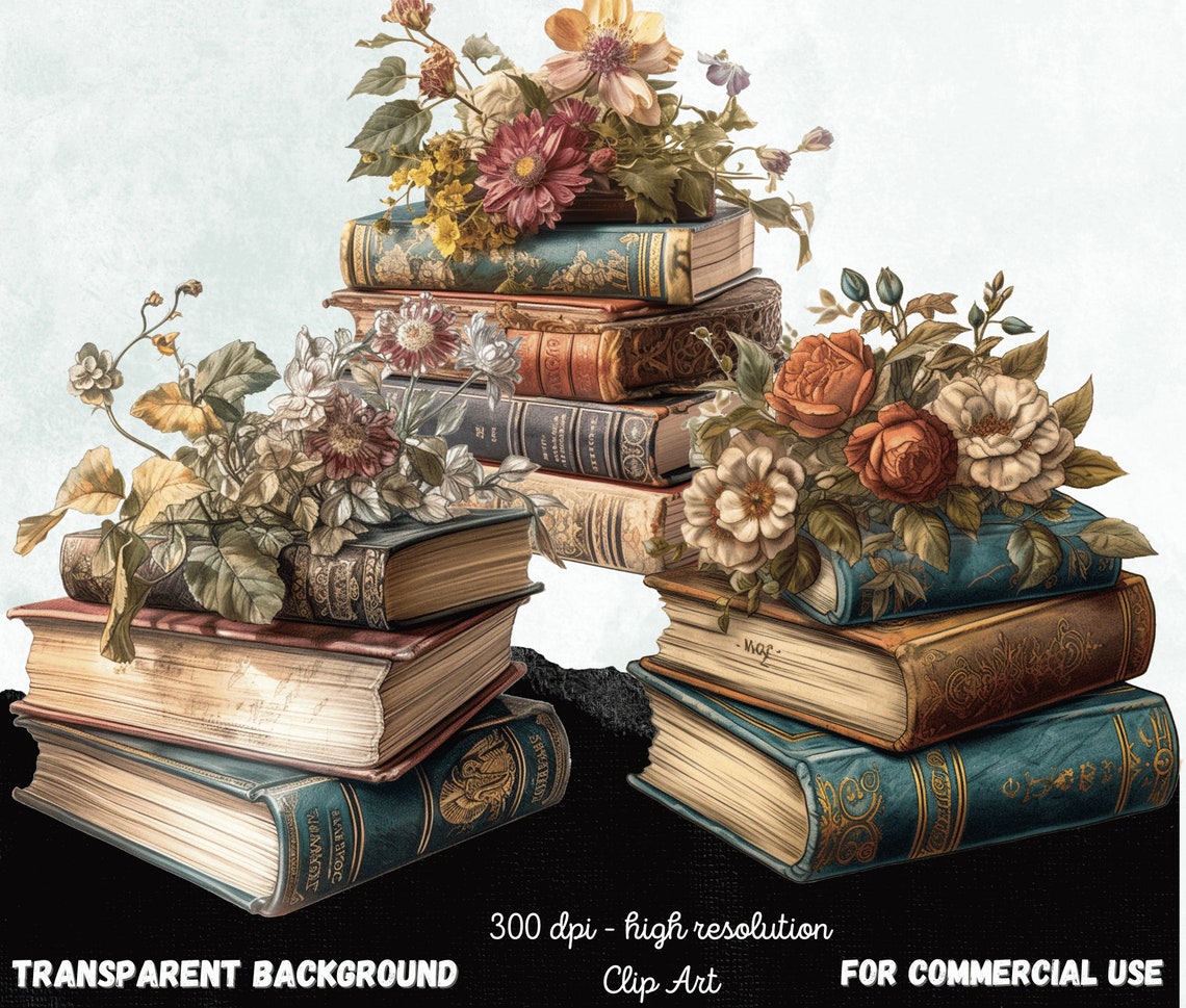 Digital Clipart Floral Old Vintage Victorian Books Clipart Illustration ...