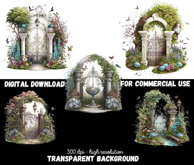 Digital Clipart Illustration Set, Secret Garden Gate, PNG Printable ...