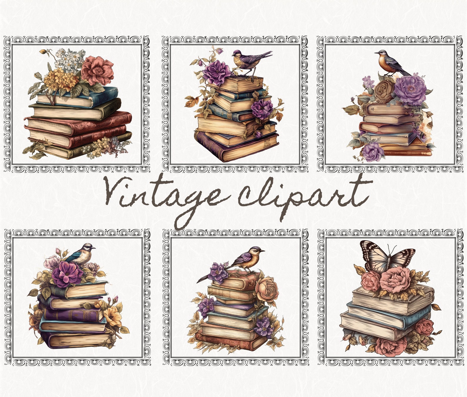 Digital Clipart Floral Old Vintage Victorian Books Clipart Illustration ...