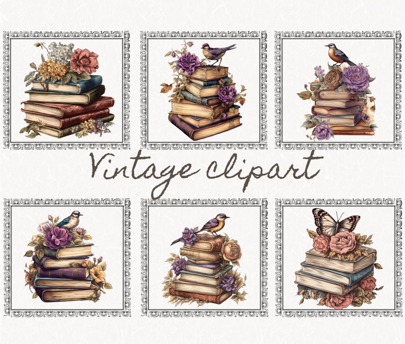 Digital Clipart Floral Old Vintage Victorian Books Clipart Illustration ...
