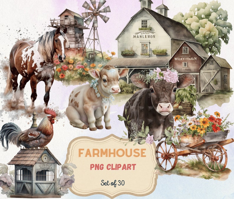 Digital Clipart Illustration Set, Farmhouse , PNG Printable Watercolor ...
