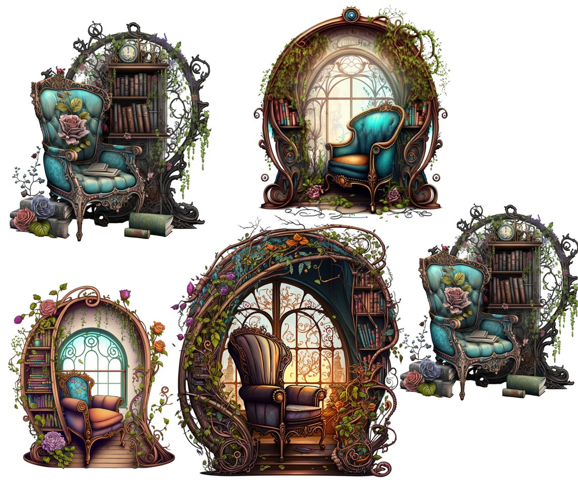 Digital Clipart Illustration Set, Fantasy Steampunk Reading Corner, PNG ...