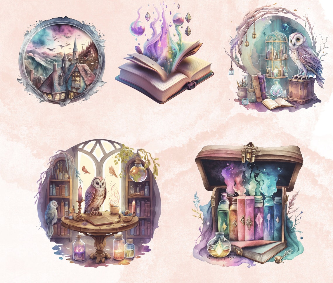 Digital Clipart Illustration Set, Vintage Watercolor Wizard Alchemy ...