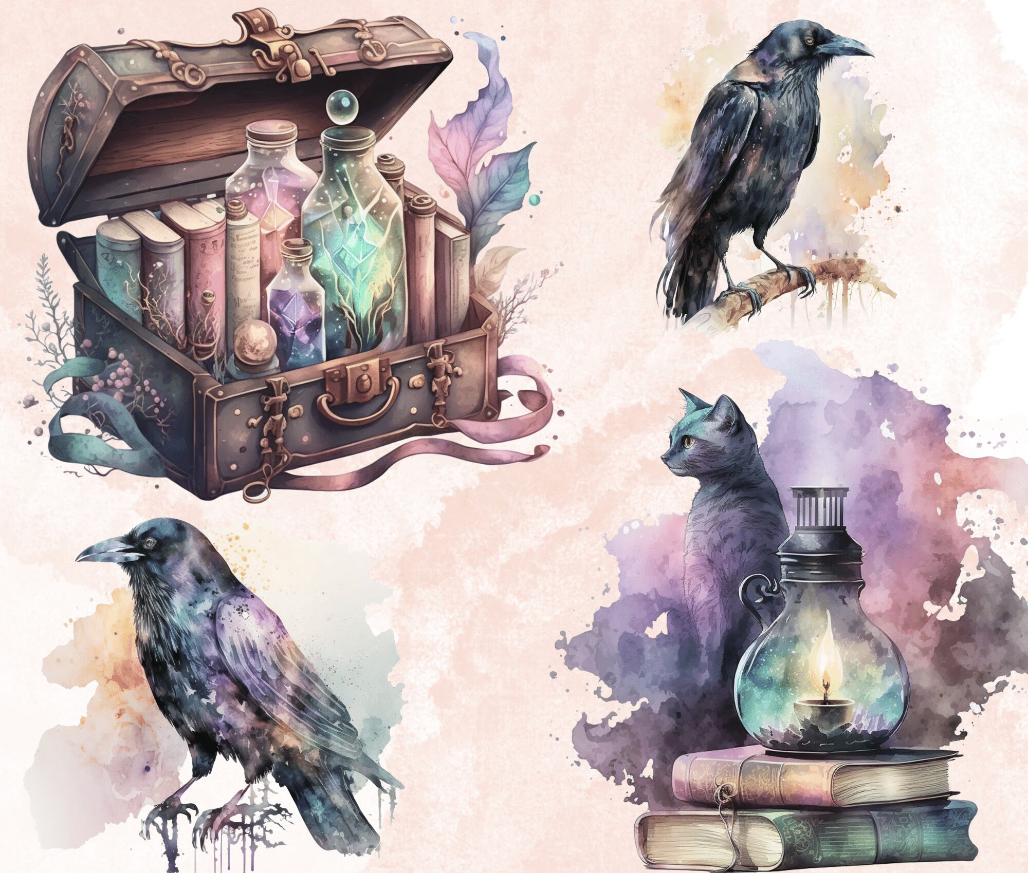 Digital Clipart Illustration Set, Vintage Watercolor Wizard Alchemy ...