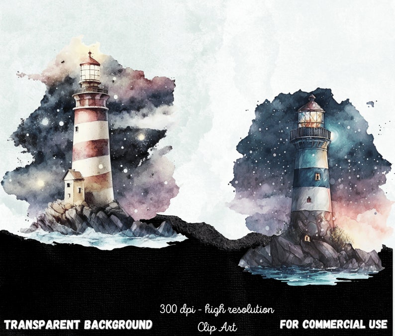 Digital Clipart Illustration Set, Romantic Lighthouse at Night, Seaside ...