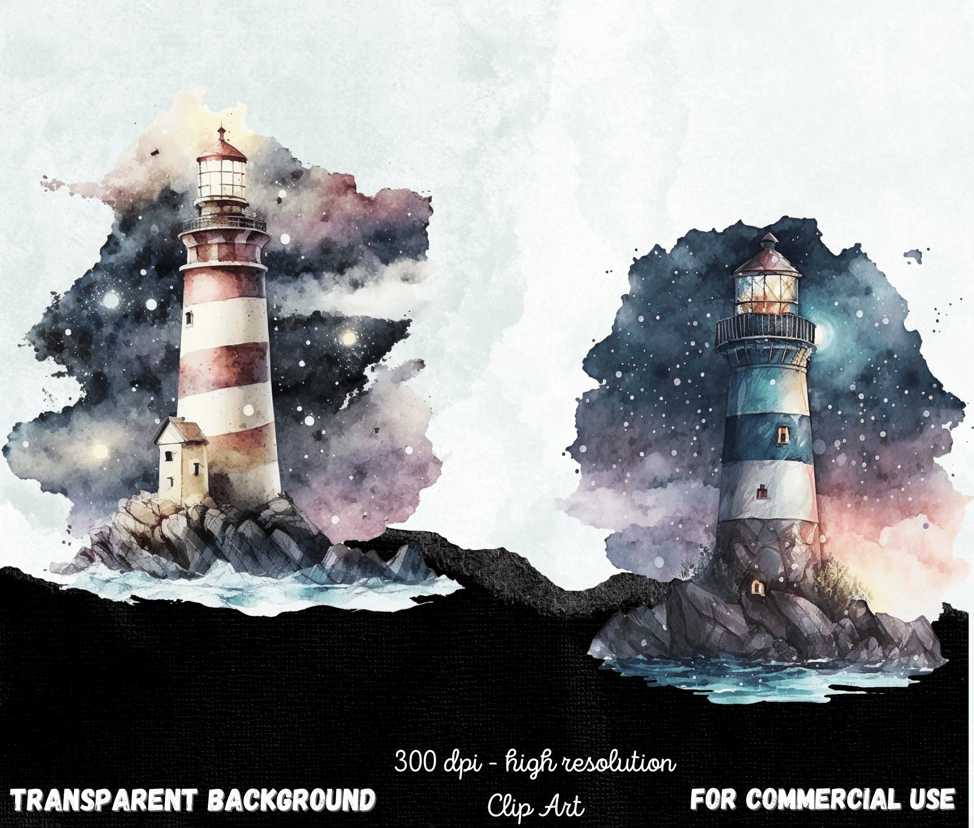 Digital Clipart Illustration Set, Romantic Lighthouse at Night, Seaside ...