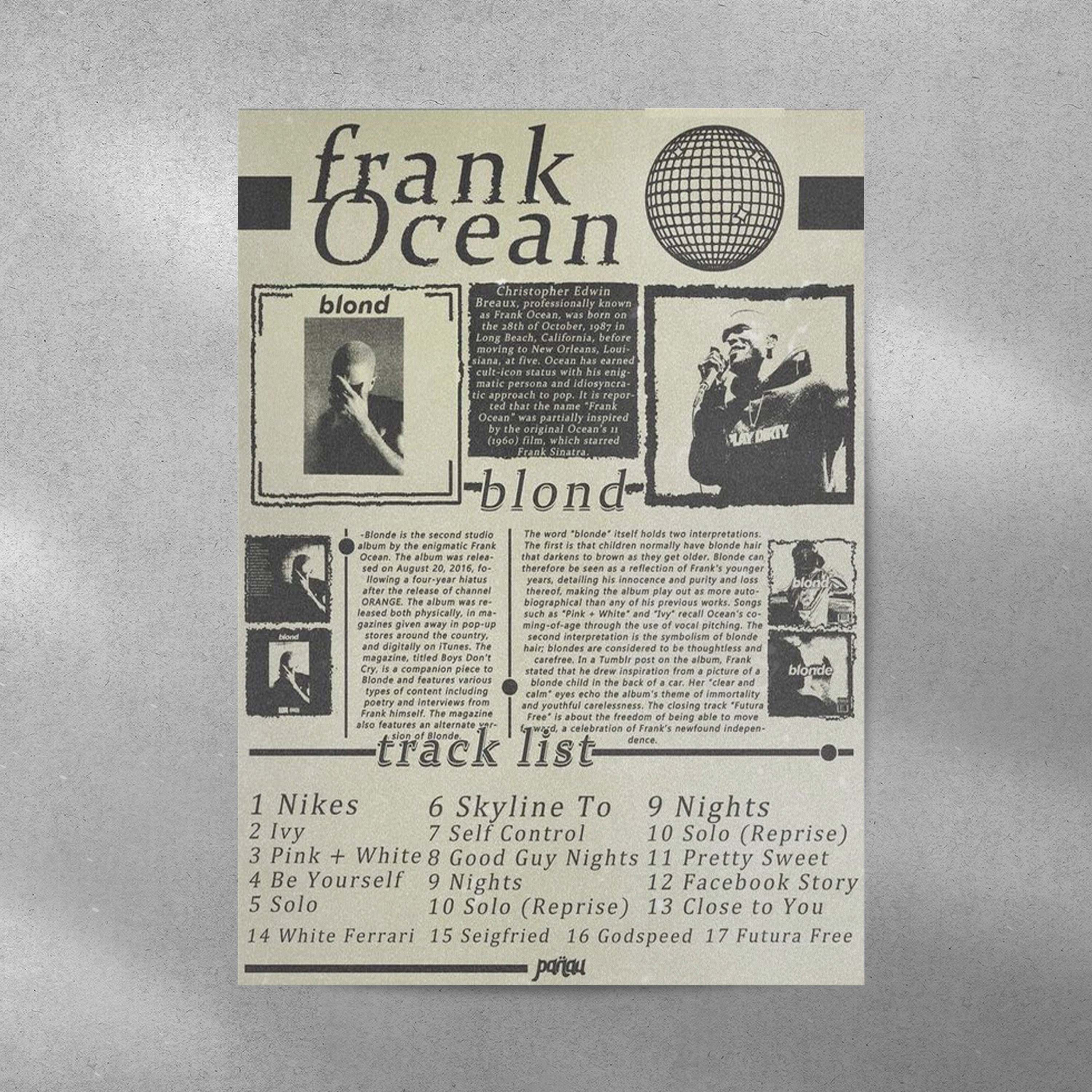 Frank Ocean Blonde Tracklist Poster sold by Elite Customary | SKU ...