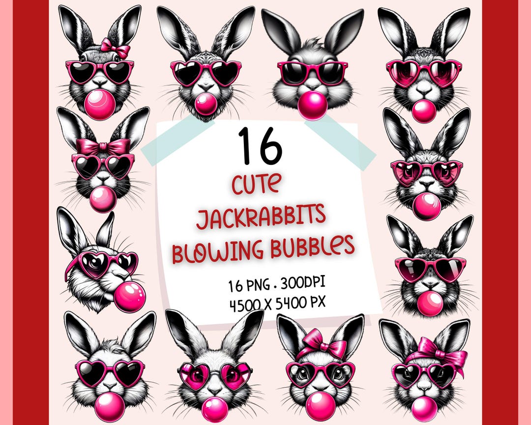 16 X Jackrabbit With Pink Sunglasses and Bubblegum Digital Download PNG ...