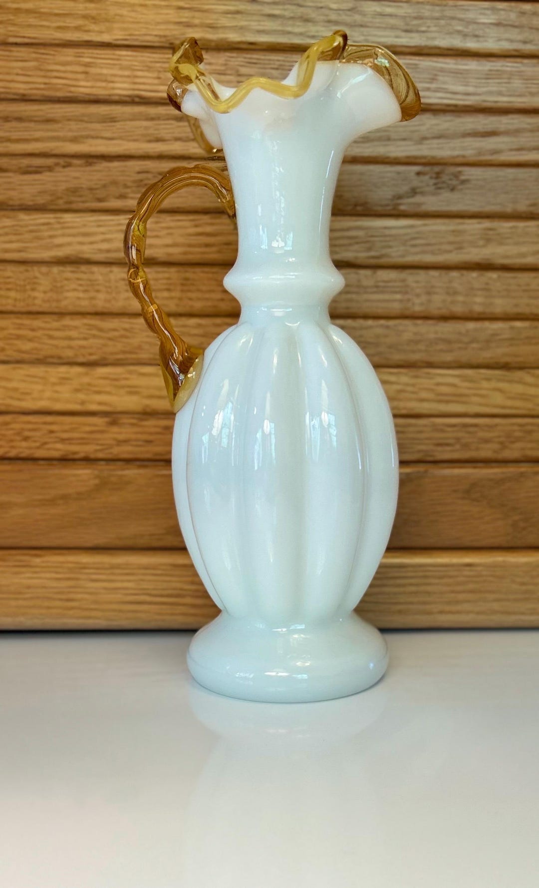 Vintage Fenton Art Glass Gold Crest Milk Glass Double-crimped Melon ...