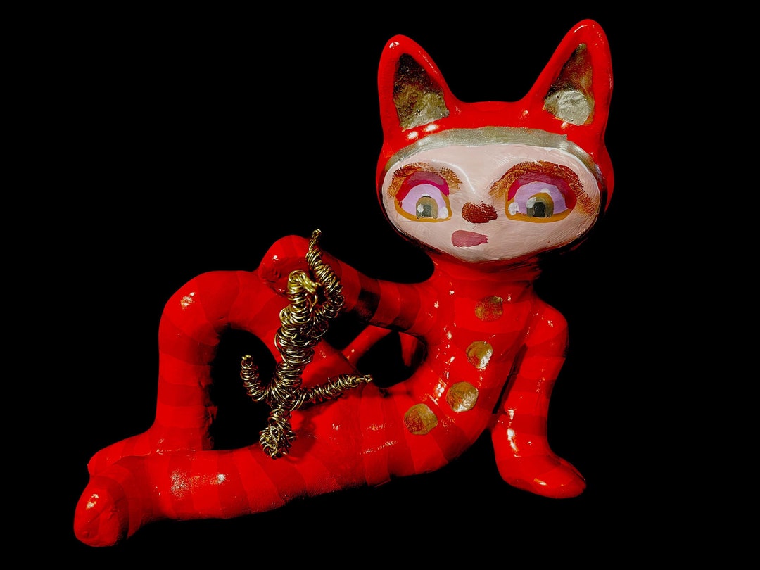 Reclining Polymer Clay Cat Holding Wire Person Sculpture - Etsy