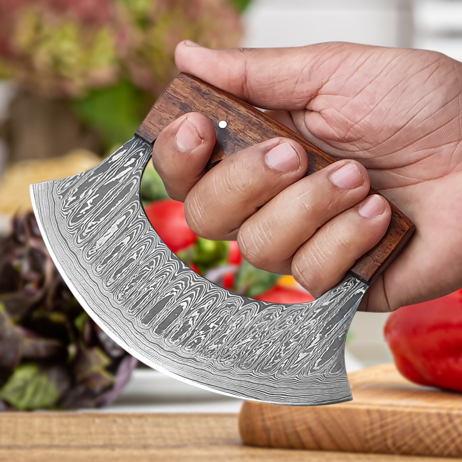 One Handed Rocker Damascus Ulu Knife With Sheath, Rocker Knife for One ...