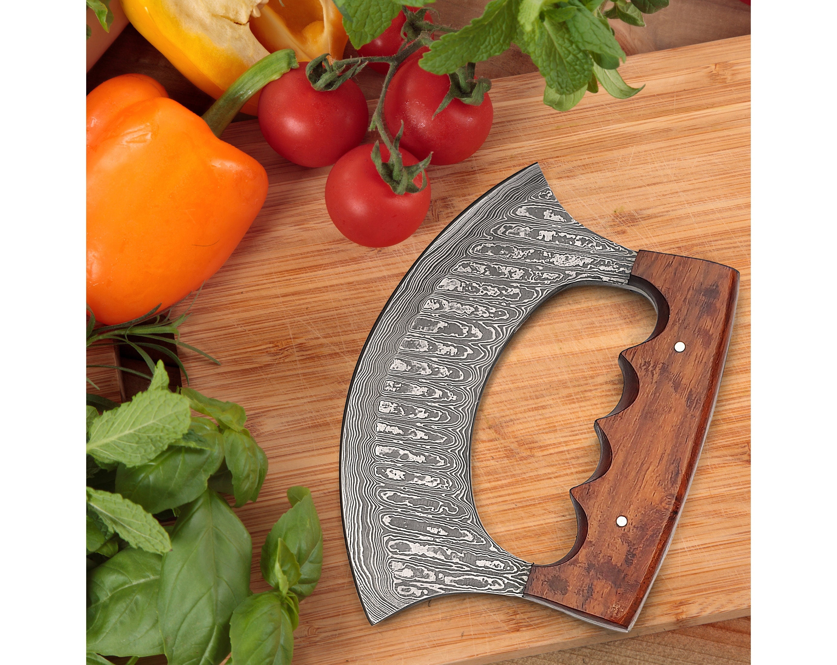 One Handed Rocker Damascus Ulu Knife With Sheath, Rocker Knife for One Handed Cutting, 5.5 ...