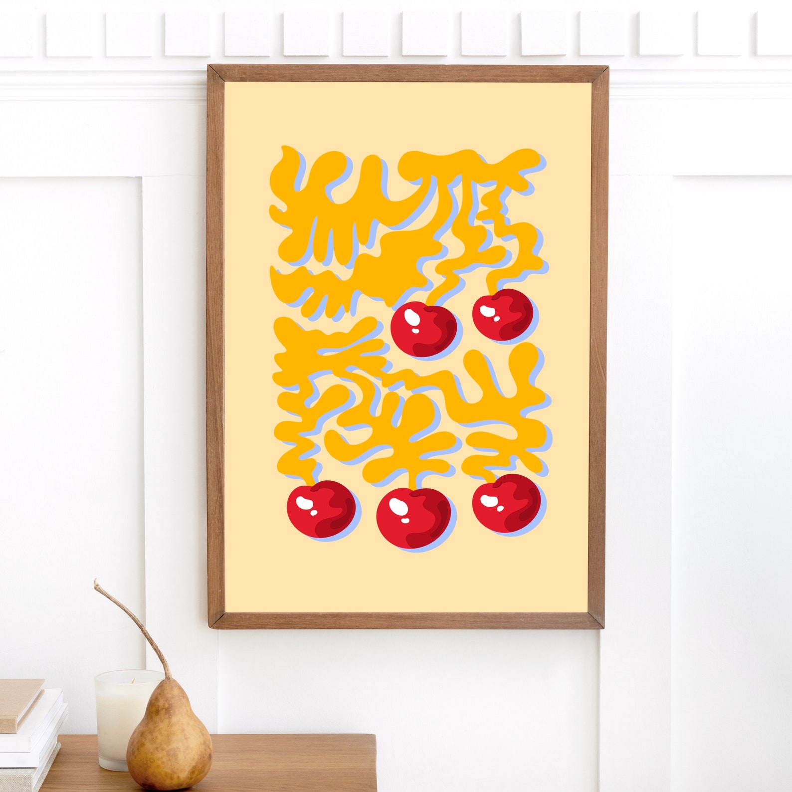 Abstract Yellow Painting Cherry Wall Art Yellow Retro Wall Decor Cherry ...