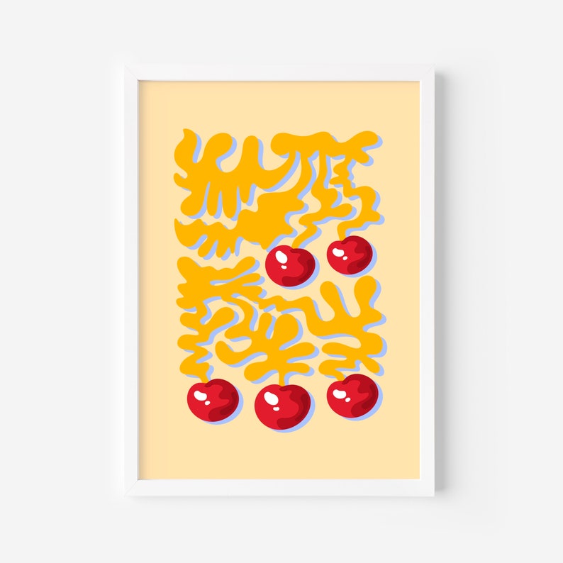 Abstract Yellow Painting Cherry Wall Art Yellow Retro Wall Decor Cherry ...