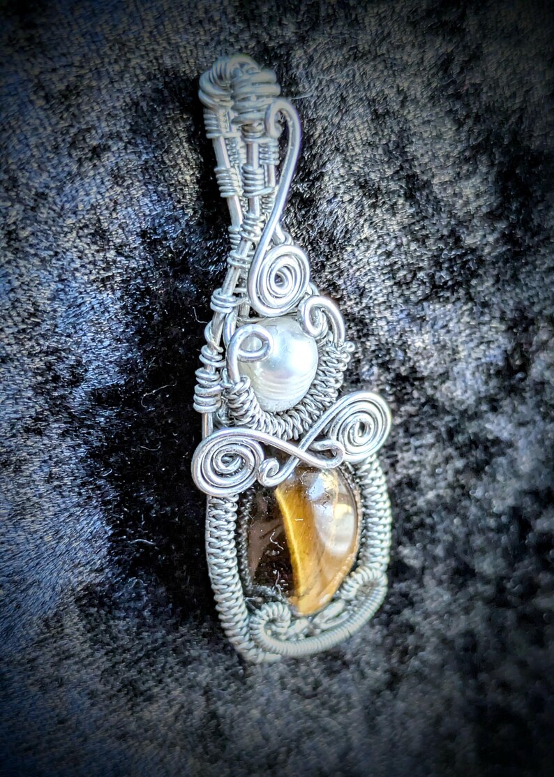 Tiger Eye & Pearl Necklace | Sterling Silver Wire Wrapped Pendant ...