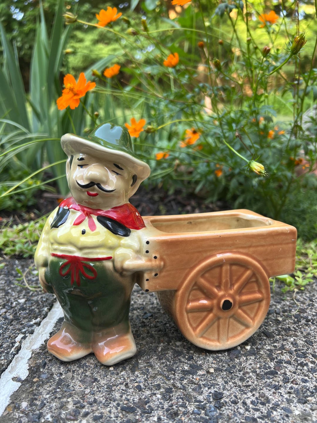 Vintage Ceramic Flower Cart Man Planter-see Description - Etsy