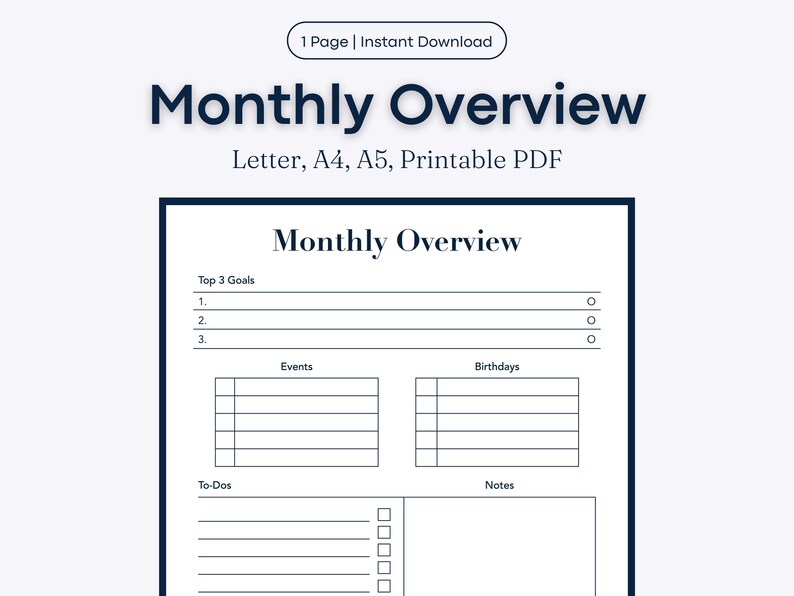 Monthly Overview Printable PDF letter A4 A5 - Etsy