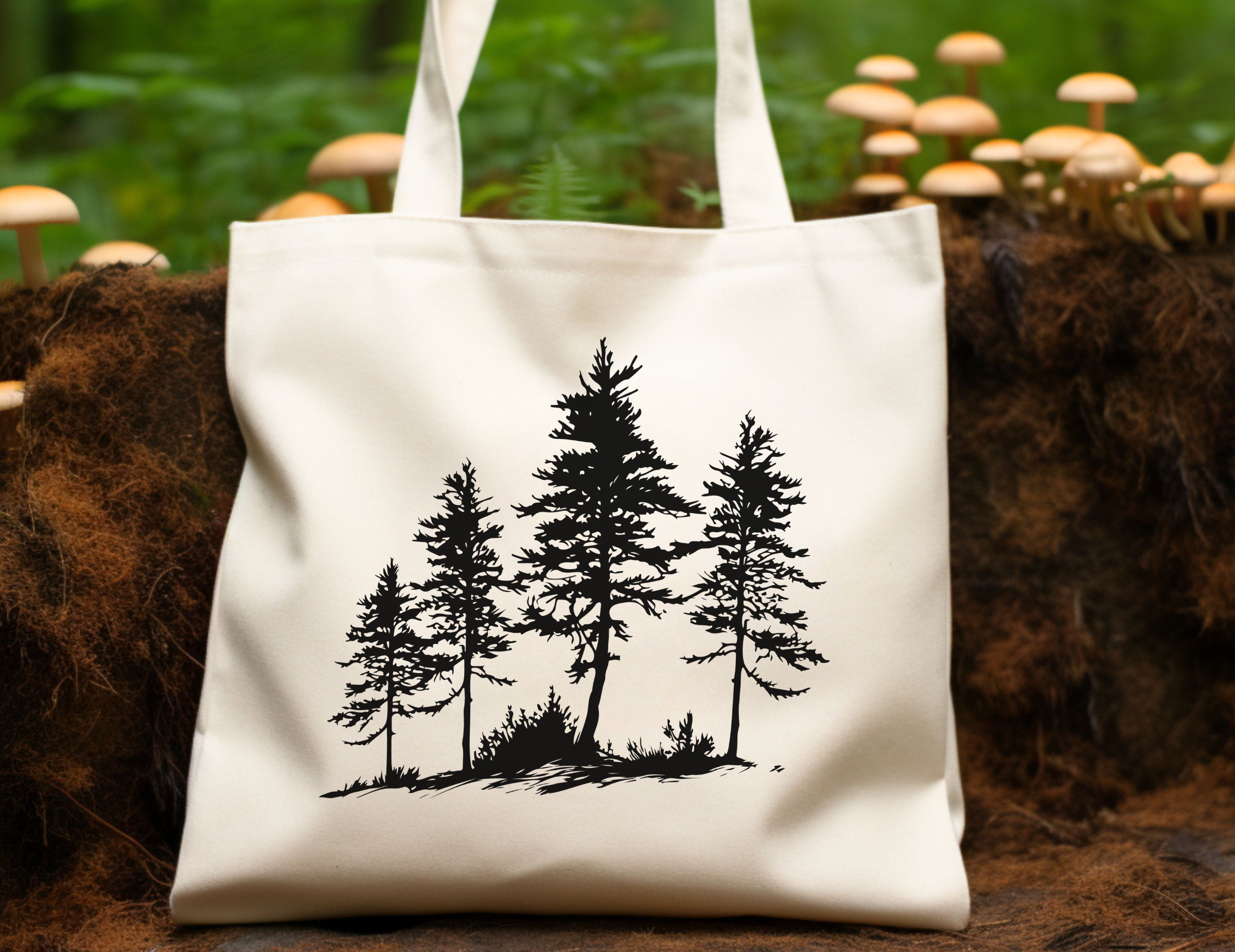 Woodland Pine Trees Canvas Tote Bag for Nature Lover, Hiking Pouch ...