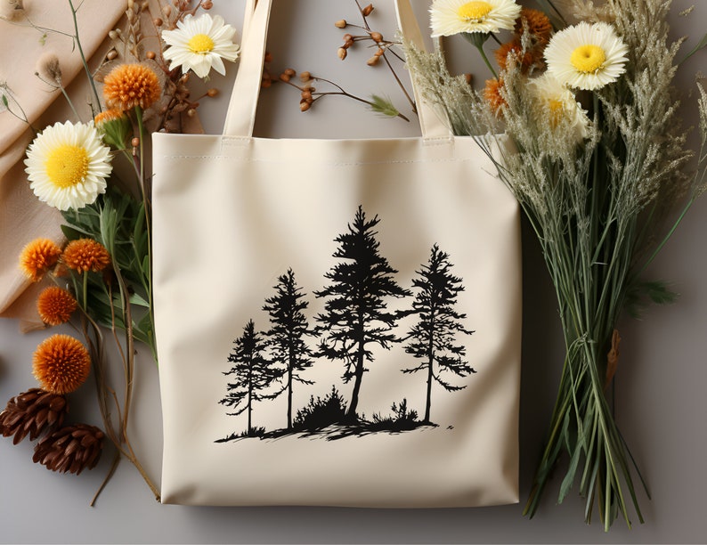 Woodland Pine Trees Canvas Tote Bag for Nature Lover, Hiking Pouch ...