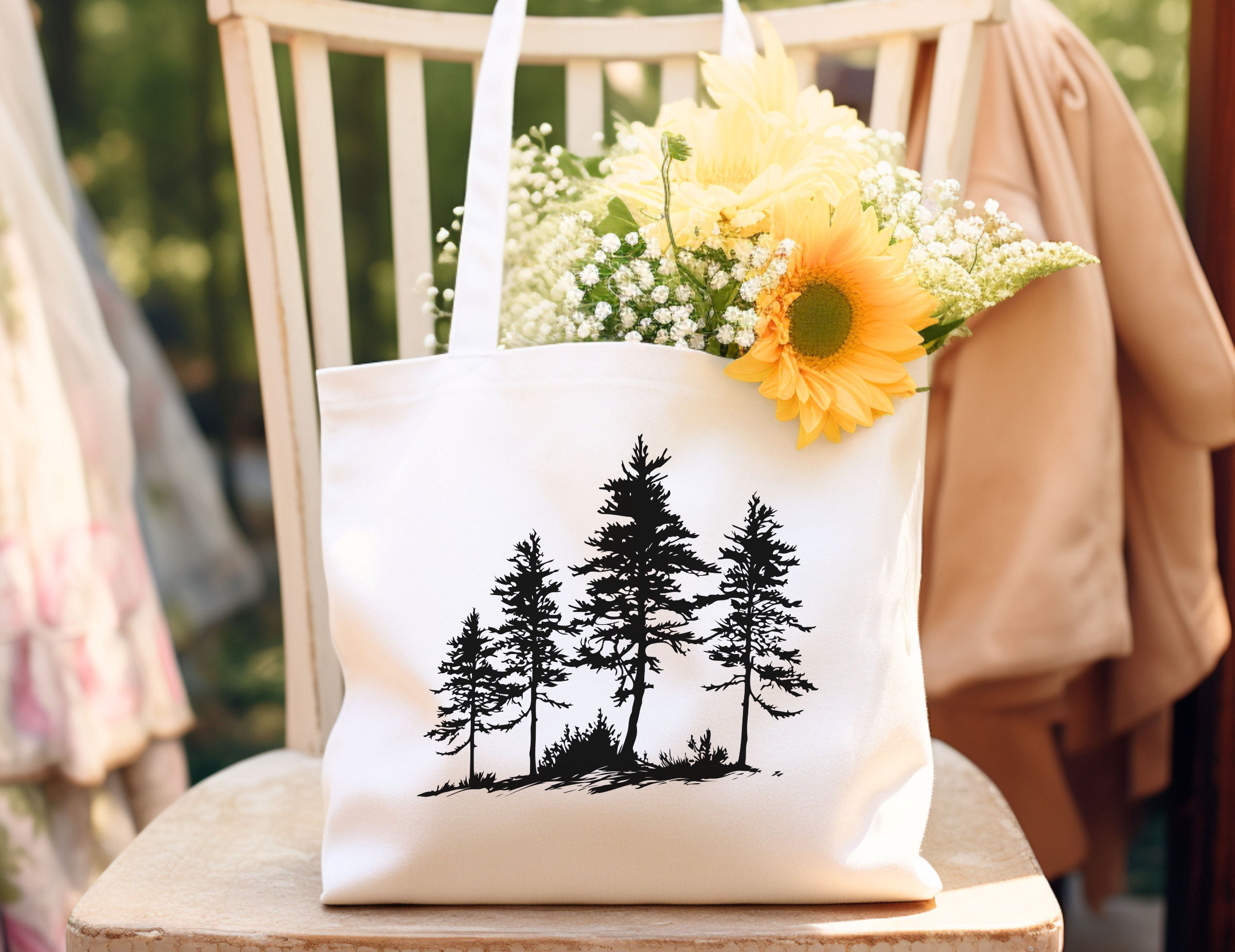 Woodland Pine Trees Canvas Tote Bag for Nature Lover, Hiking Pouch ...