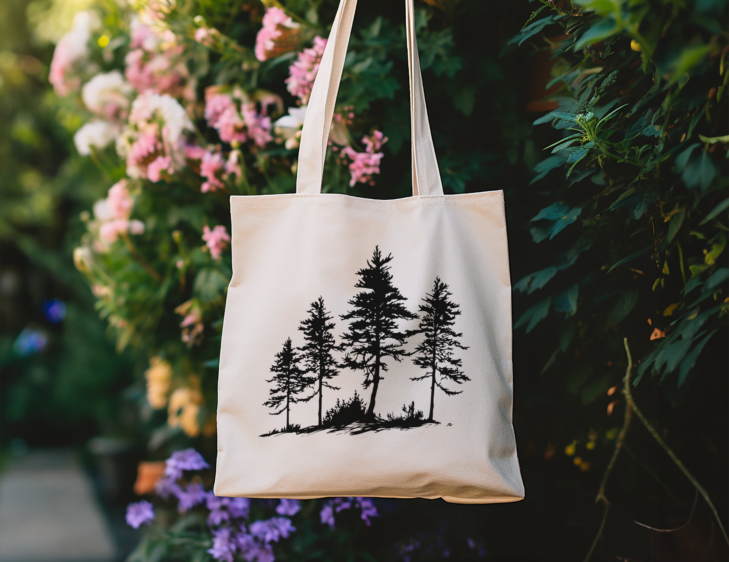 Woodland Pine Trees Canvas Tote Bag for Nature Lover, Hiking Pouch ...